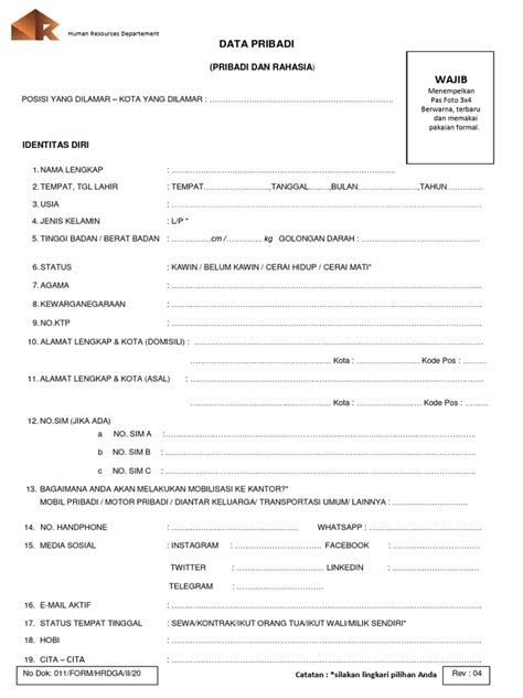 Form Data Pelamar Mkm Rev Juli 2023 Pdf