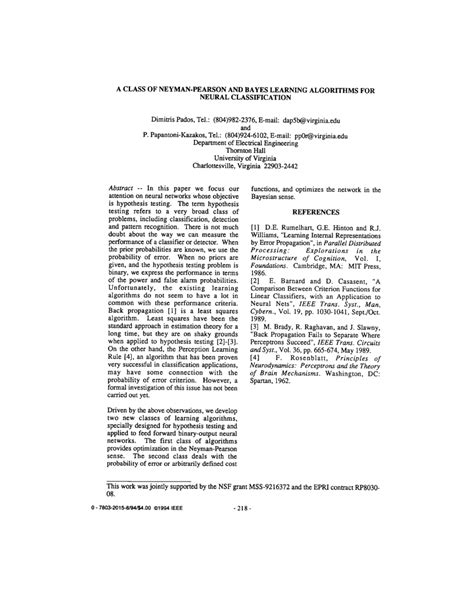 Pdf A Class Of Neyman Pearson And Bayes Learning Algorithms For