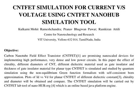 Pdf Cntfet Simulation For Current Vs Voltage Using Cntfet Nanohub Simulation Tool