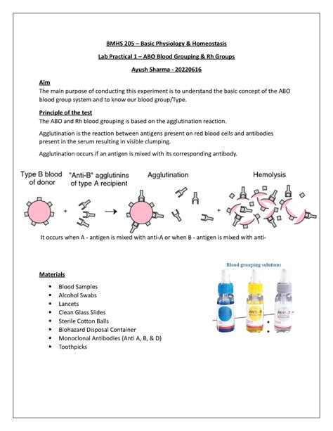 Lab Practical 1 Blood Grouping Lab Writeup BMHS 205 Basic Physiology Homeostasis Lab