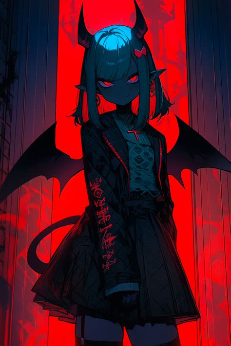 Download Wallpaper 1792x2688 Girl Demon Wings Horns Anime Red