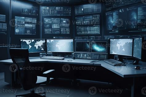 modern control room multiple personal computer monitors showing coding
