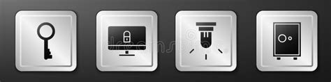 Set Old Key Lock On Computer Monitor Motion Sensor And Safe Icon Silver Square Button Stock