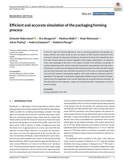 Pdf Efficient And Accurate Simulation Of The Packaging Forming Process Johan Tryding
