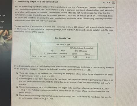 Solved 2 Interpreting Output For A One Sample T Test А Аа