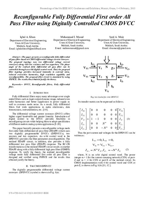 Pdf Reconfigurable Fully Differential First Order All Pass Filter Using Digitally Controlled