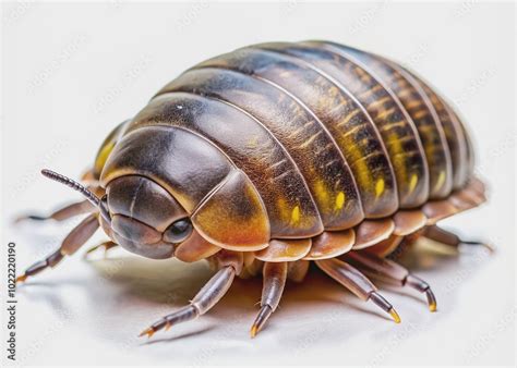 Vibrant Armored Isopod Bug Also Known As Pill Bug Or Rolly Pollie Isolated On A Clean White