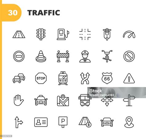 교통 선 아이콘입니다 편집 가능한 스트로크 픽셀 완벽한 모바일 및 웹용 도로 신호등 속도계 정지 표지판 교통 콘 자동차 차량 경고 표지판 지도 네비게이션 택시 주유소 트램과