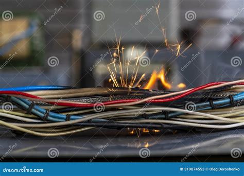 Flames, Sparks, Smoke between Electrical Cables, Closeup. Short Circuit in the Twisted Wires ...