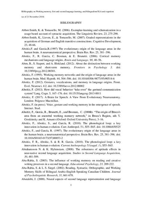 Pdf Working Memory In First And Second Language A Comprehensive Bibliography Expanded And