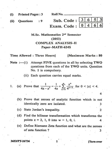 Complex Analysis II MSC Math Mathematics 2nd Sem Previous Year Question ...