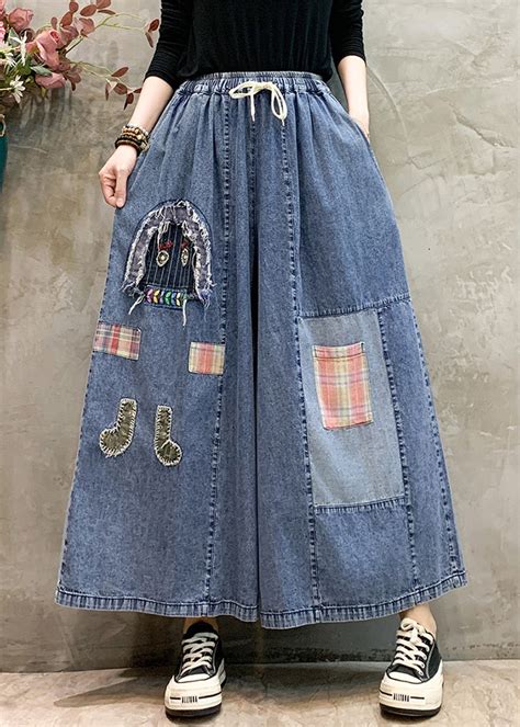 Light Blue Patchwork Applique Denim Pants Embroidered Summer Soolinen