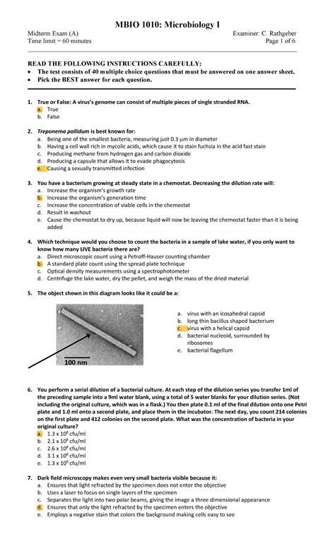 Midterm Test 20 May 2018 Questions And Answers Mbio 1010 Microbiology I Midterm Exam A
