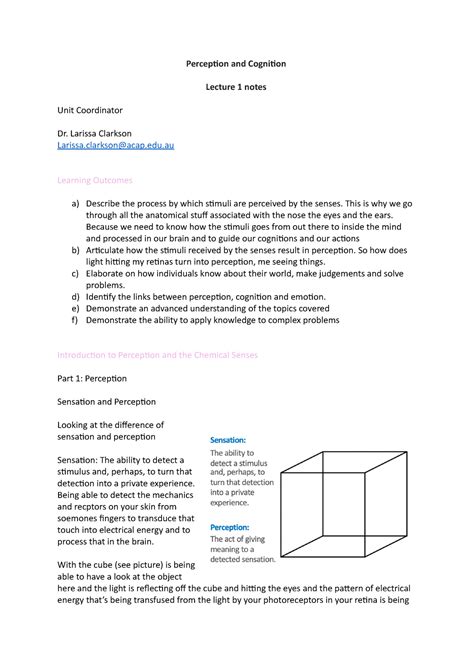 Perception And Cognition Lecture 1 Notes Perception And Cognition