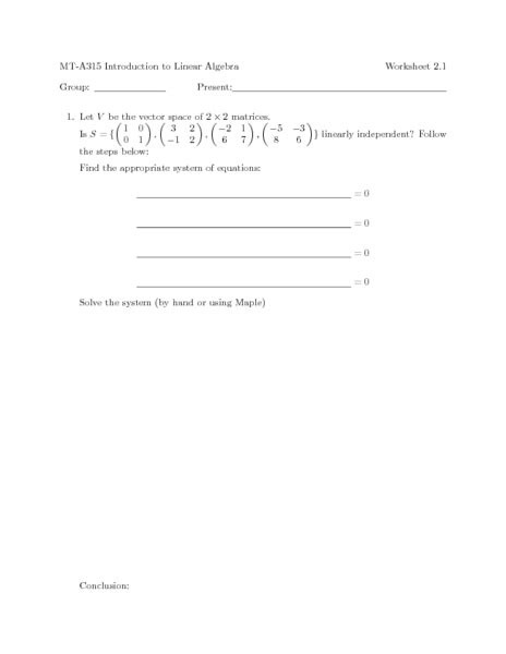 introduction to linear algebra 2 1 worksheet for 11th higher ed