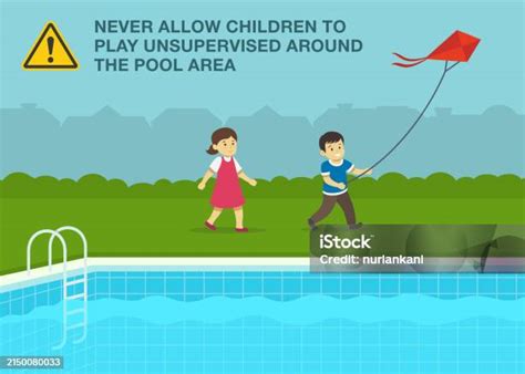 아이들을 위한 안전 규칙 야외 수영장 근처에서 연을 날리는 남녀 어린이 벡터 일러스트 레이 션 템플릿 수영장 스포츠 경기장에 대한 스톡 벡터 아트 및 기타 이미지 Istock