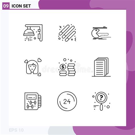 Pictogram Set Of 9 Simple Outlines Of Women Woman Character Person Pacman Stock Vector