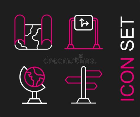 Set Line Road Traffic Sign Earth Globe And Folded Map Icon Vector Stock Vector Illustration