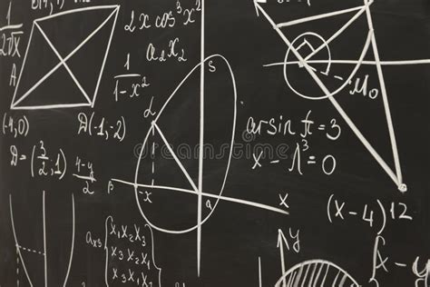 Different Mathematical Formulas Written With Chalk On Blackboard Stock