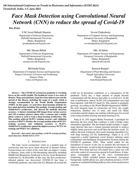 PDF Face Mask Detection Using Convolutional Neural Network CNN To Reduce The Spread Of Covid