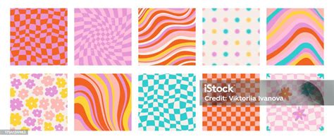 펑키한 그루비 배경 벡터 디자인 세트 멋진 추상적인 다채로운 패턴 Y2k 미학 평면 디자인 1970 데이지 꽃 트리피 그리드 밝은 색상의 물결 모양 소용돌이 포스터 컬렉션