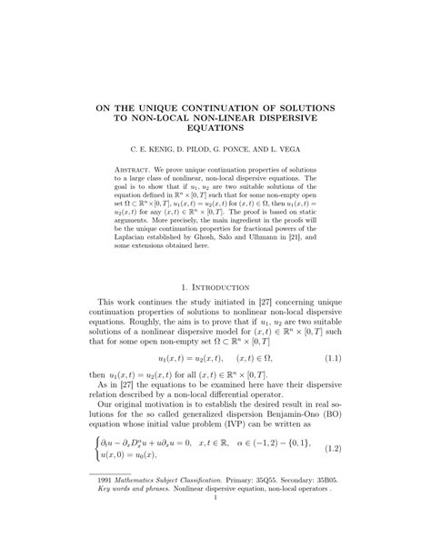 Pdf On The Unique Continuation Of Solutions To Non Local Non Linear Dispersive Equations