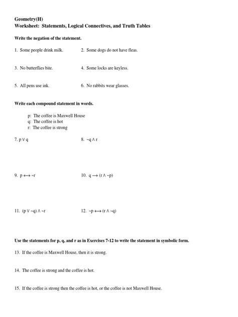 Logical Connectives Negations And Truth Tables A Worksheet For