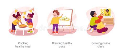 Gradeschoolers Eating Habits Isolated Cartoon Vector Illustration Set Stock Vector