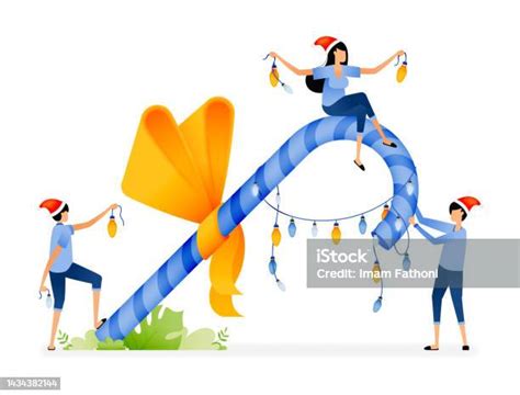 크리스마스와 새해를 축하하기 위해 조명과 리본으로 장식 된 꼬인 사탕을 들고있는 사람들의 삽화 웹 사이트 방문 페이지 전단지 배너 앱 브로셔 신생 기업을 위해 설계되었습니다
