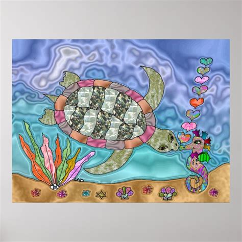 Psychedelic Sea Turtle Seahorse Art Poster