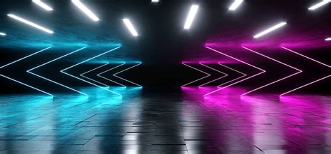 네온 빛나는 파란 보라색 화살표 생생한 배경 그런 지 콘크리트 아스팔트 반사 스펙트럼 레이저 쇼 착시 가상 현실 빈 어두운 공상 과학 Fi 미래 차고 룸 3d 렌더링 0명에
