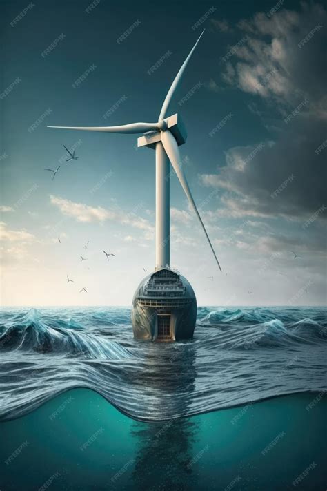 Premium Photo Wind Turbine In Ocean And Clouded Sky Created Using Generative Ai Technology
