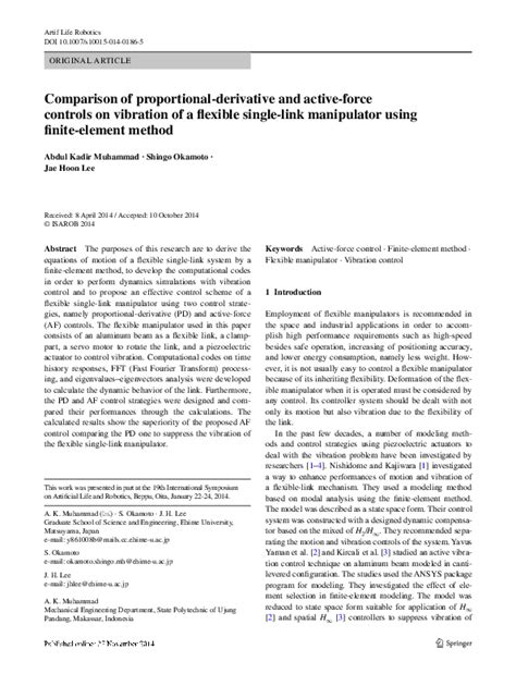 Pdf Vibration Control Comparison Of A Single Link Flexible Manipulator Between Fuzzy Logic