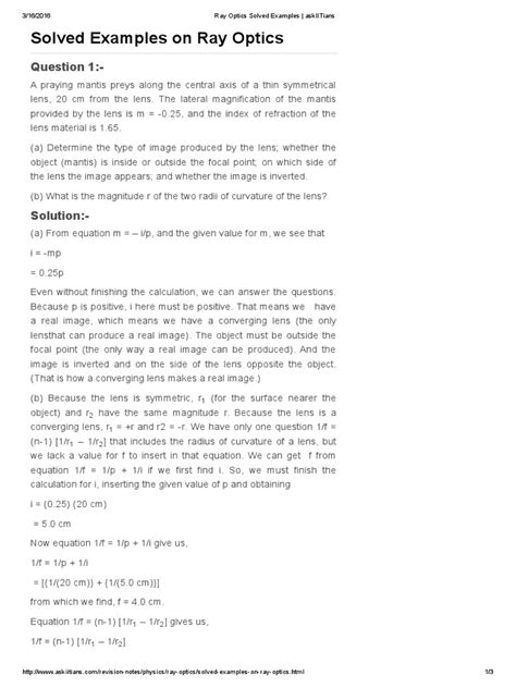 Ray Optics Solved Examples Askiitians Download Free Pdf Lens