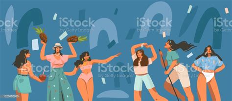 손으로 그린 벡터 추상 스톡 그래픽 일러스트 와 젊은 웃는 여성 댄스 파티 집에서 와 콜라주 모양 에 고립 된 색상 배경 가정 생활에 대한 스톡 벡터 아트 및 기타 이미지