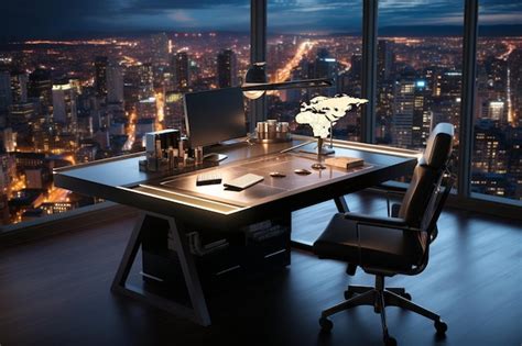 Modern Office Desk With Computer Displaying World Map Premium Ai Generated Image