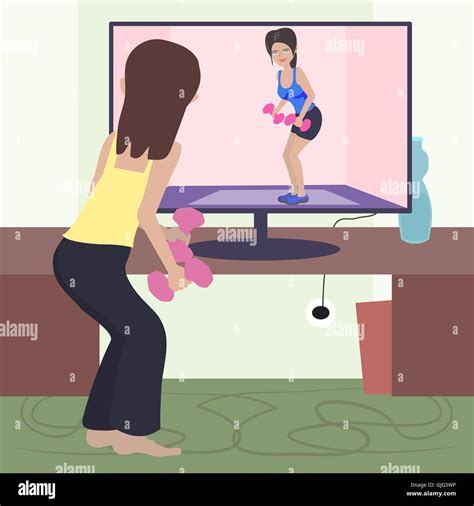 Girl Doing Exercise Opposite Computer Trainer Funny Cartoon