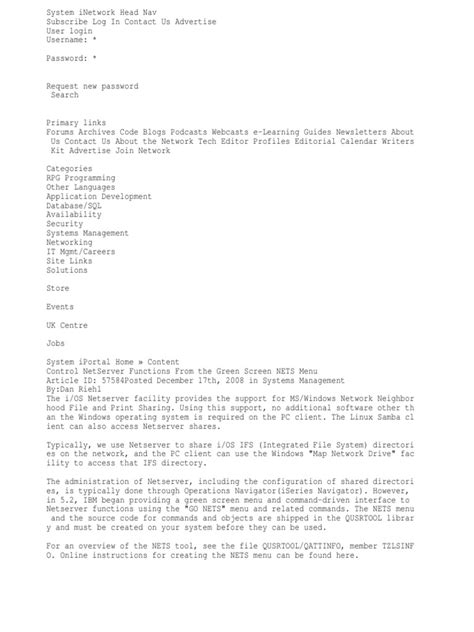 Control Netserver Functions From The Green Screen Nets Menu Pdf Ibm System I Operating System
