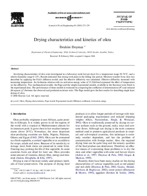 Pdf Drying Characteristics And Kinetics Of Okra