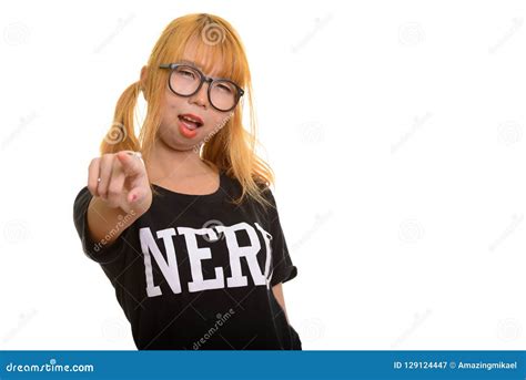 Young Happy Asian Nerd Woman Smiling While Wearing Underwear And Stock Image Image Of Hipster