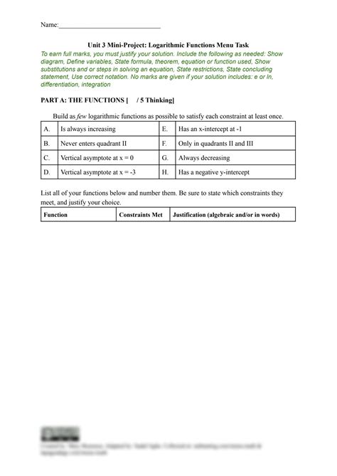 SOLUTION Mhf4u Unit 3 Logarithmic Functions Menu Task 1 Studypool