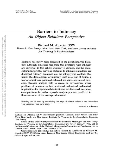 An Object Relations Perspective Pdf Psychoanalysis Intimate