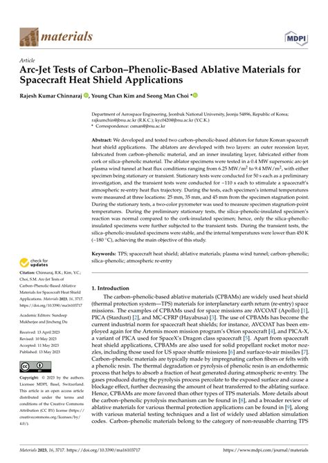 Pdf Arc Jet Tests Of Carbon Phenolic Based Ablative Materials For Spacecraft Heat Shield