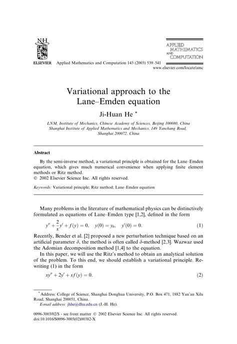 Pdf Variational Approach To The Lane Emden Equation