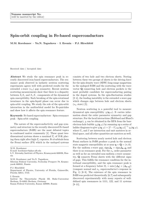Pdf Role Of The Spin Orbit Coupling In The Spin Resonance Formation In Fe Based Superconductors