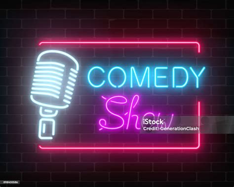 네온 코미디 벽돌 벽 바탕에 복고풍 마이크와 기호를 보여줍니다 유머 Monolog 빛나는 간판 코미디언에 대한 스톡 벡터 아트 및 기타 이미지 Istock