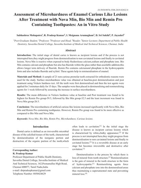 Pdf Assessment Of Microhardness Of Enamel Carious Like Lesions After Treatment With Nova Min