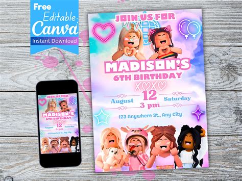 Roblox Girls Invitation Template Roblox Invite Game Party Etsy