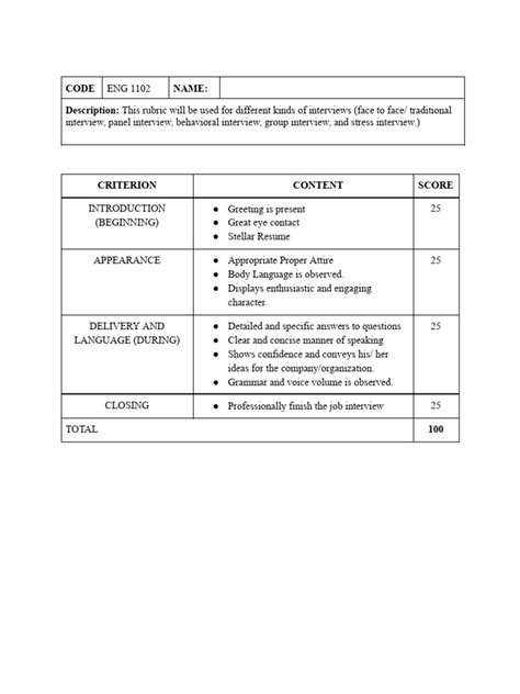 Job Interview Rubrics Pdf
