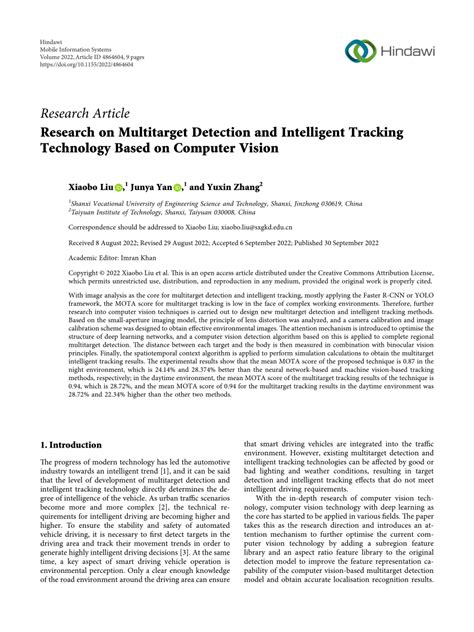 Pdf Research On Multitarget Detection And Intelligent Tracking Technology Based On Computer Vision